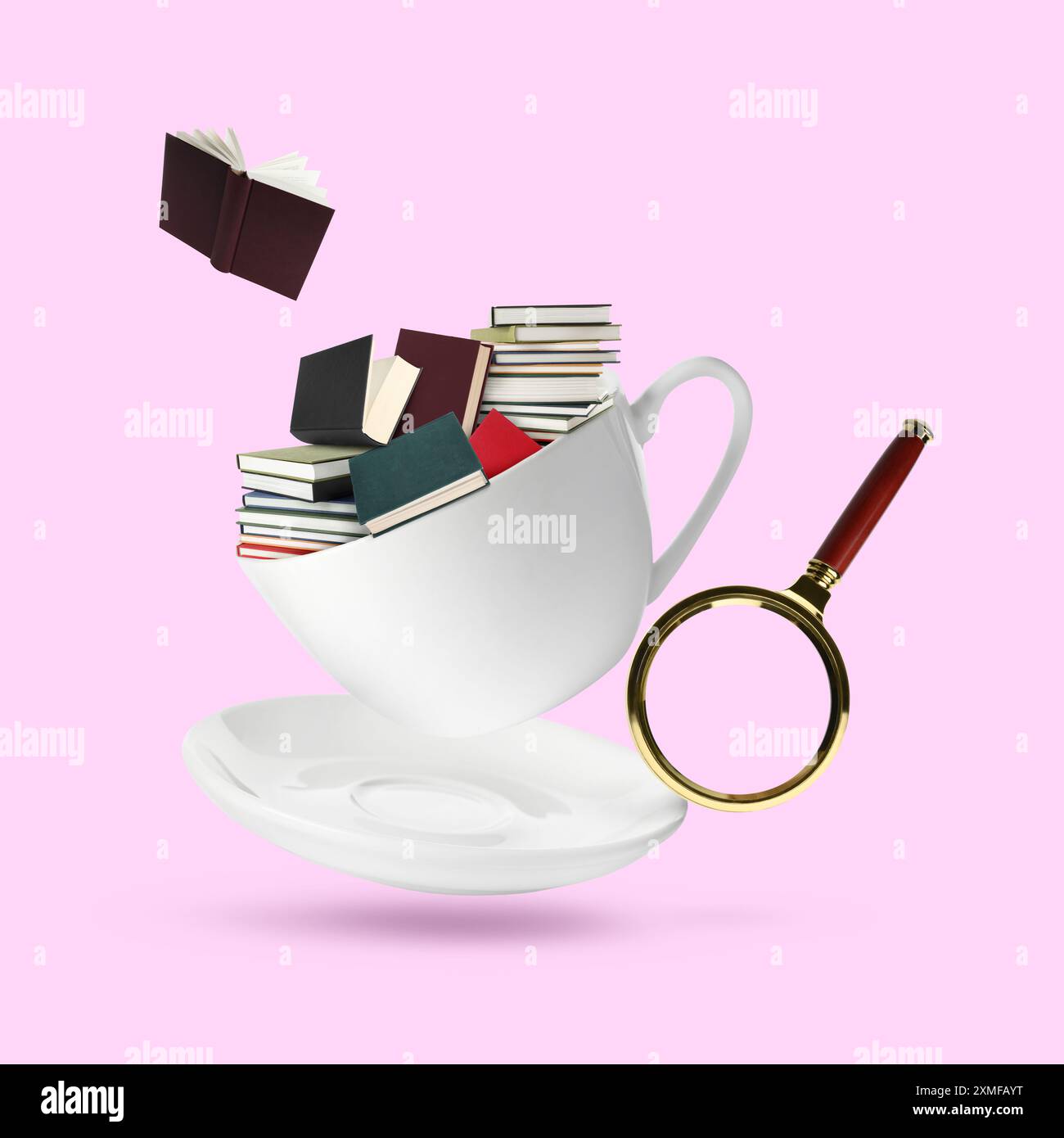 Coffee cup with books and magnifying glass in air on pink background ...