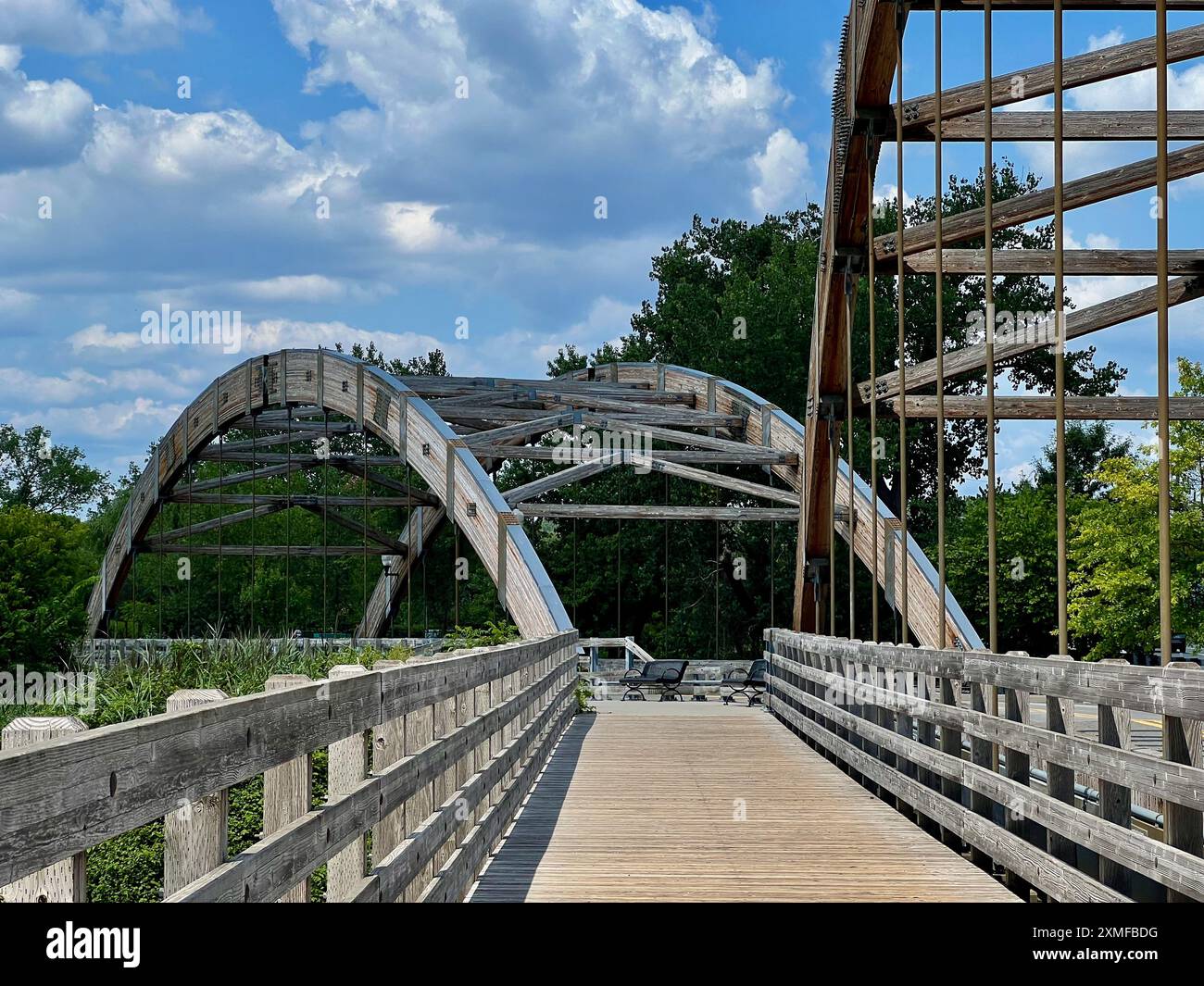 Twin wooden arch bridges span the Overpeck Creek in Overpeck County ...