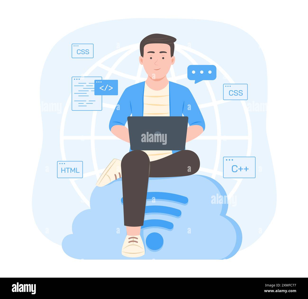 Programmer Man Sitting On Cloud Computing Symbol And Process Coding For Software Development