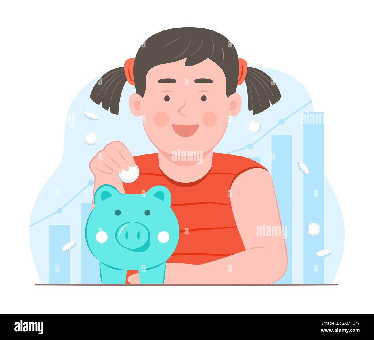 Cute Kid Girl Savings Money Coin with Piggy Bank for Financial Concept ...