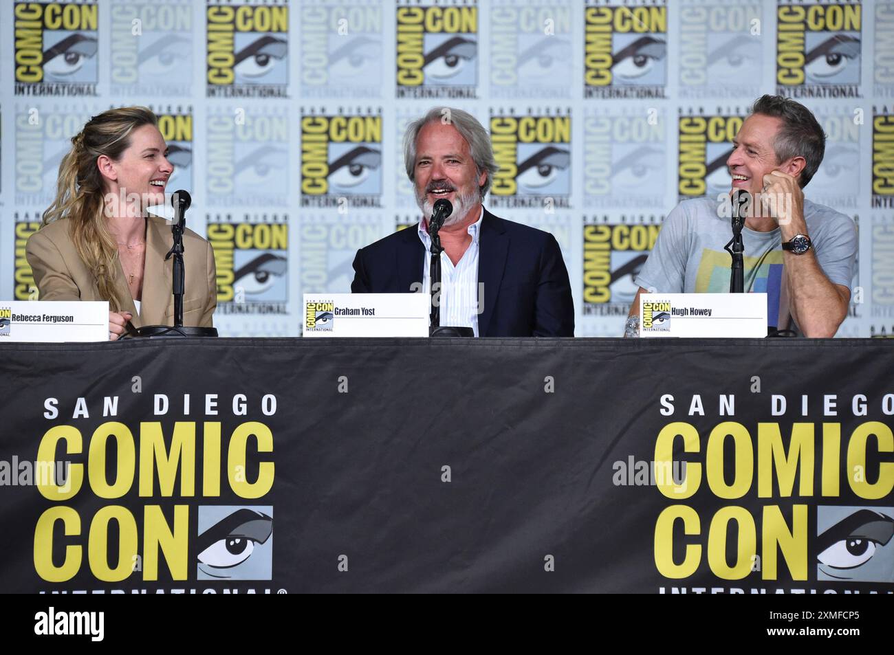Rebecca Ferguson, from left, Graham Yost, and Hugh Howey attend a panel ...