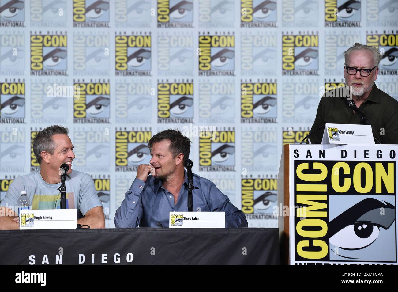 Hugh Howey, from left, Steve Zahn, and Adam Savage attend a panel for ...