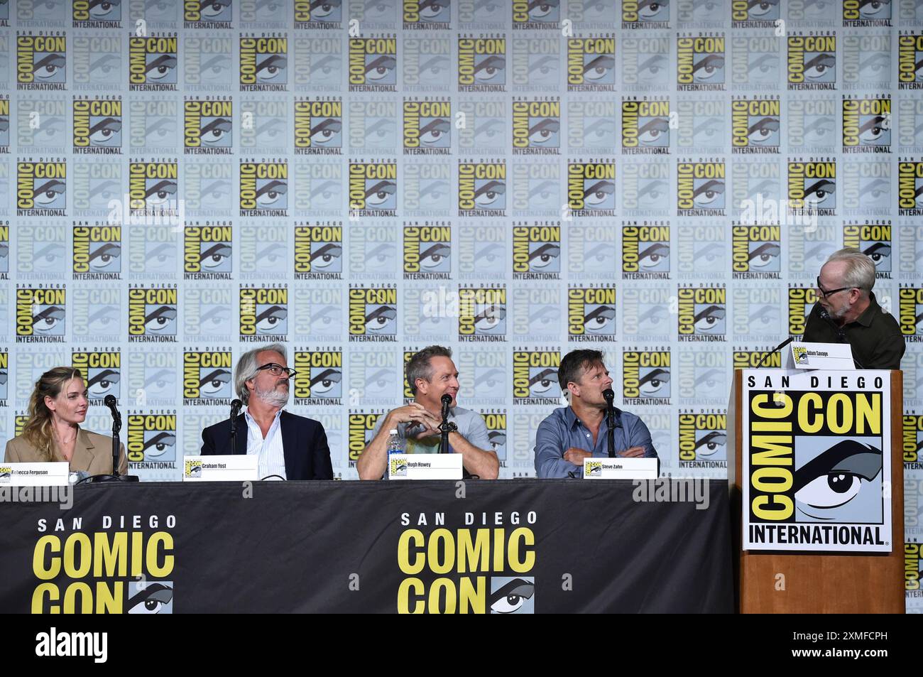 Rebecca Ferguson, from left, Graham Yost, Hugh Howey, Steve Zahn, and ...