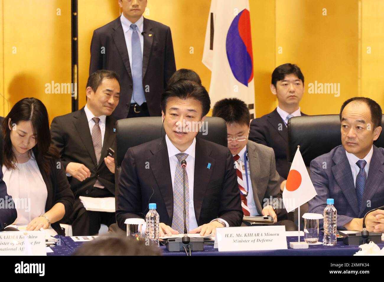 Japanese Defense Minister Minoru Kihara, center, speaks during a Japan ...