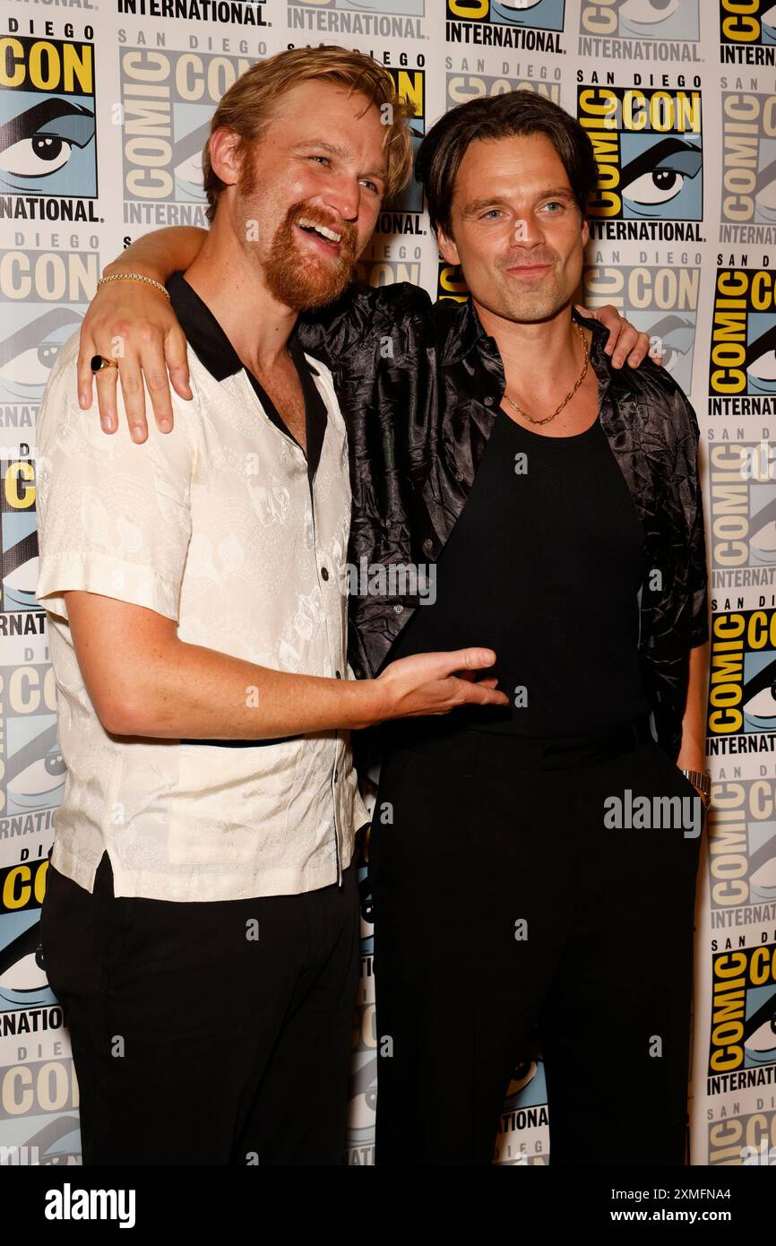 Wyatt Russell, left, and Sebastian Stan attend a press line for Marvel ...