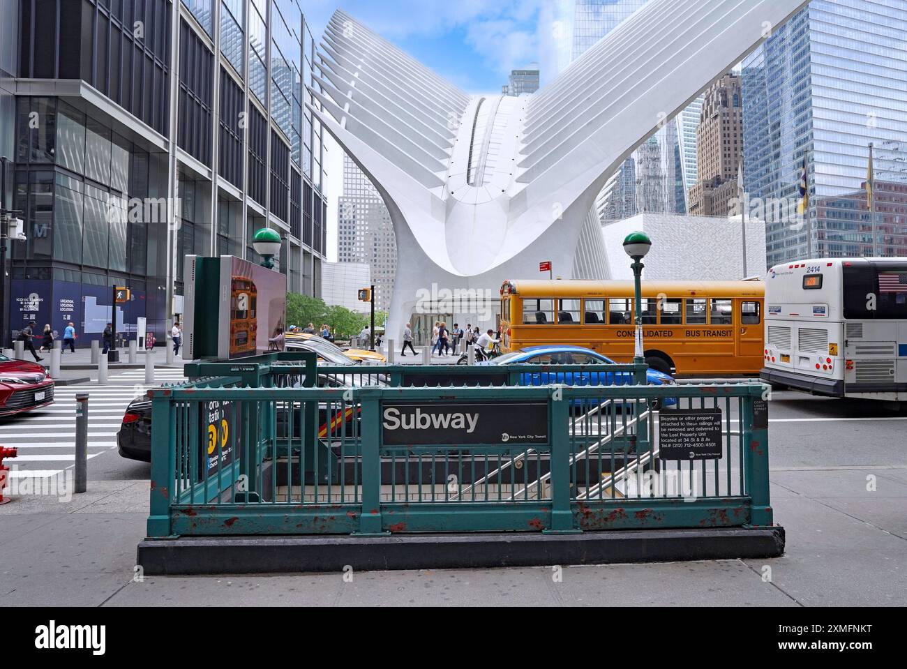 New York City financial district street with subway station entrance ...