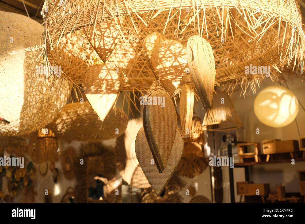 The traditional brown handcraft rattan lamp, decoration and home basket ...