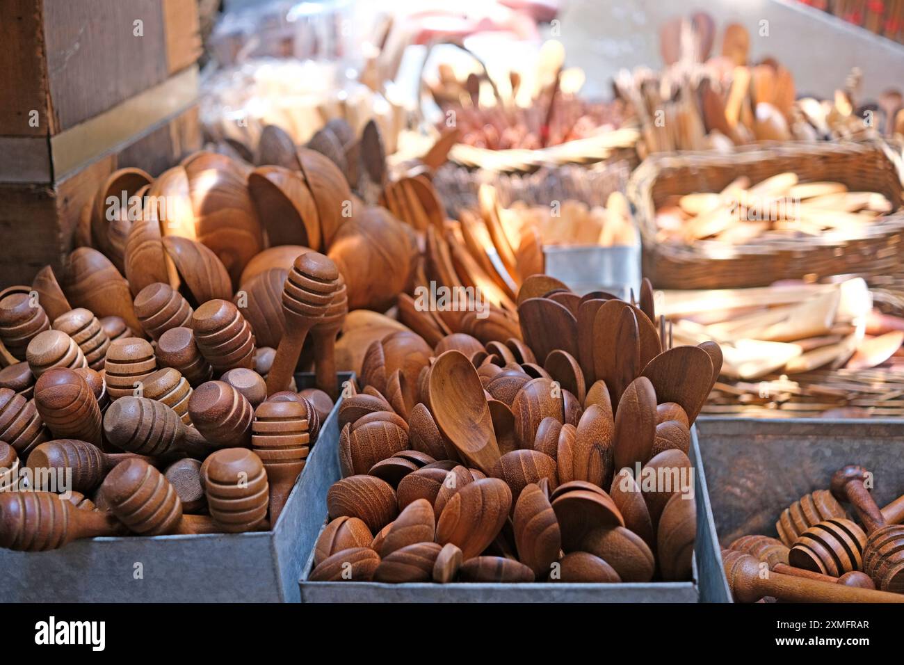The close-up traditional wooden spoons and kitchen utensils in Thailand ...