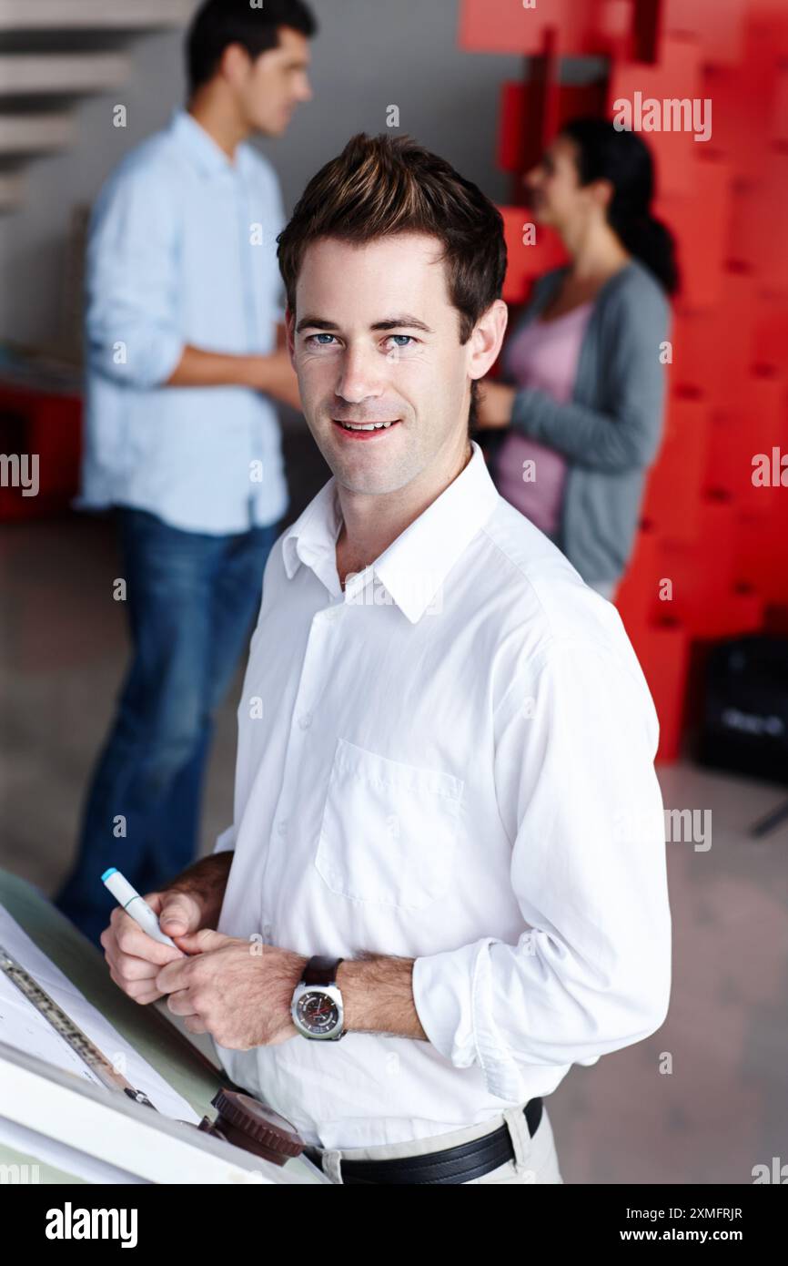 Floor plan, man or portrait of architect drawing for civil engineering ...