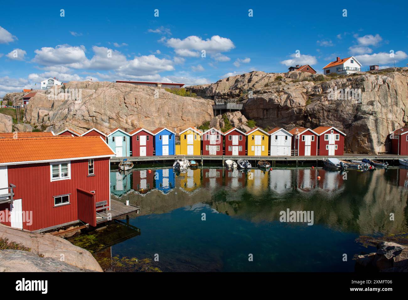 Traditional boathouses in old fishing-village, Smögen, Bohuslän, Sweden ...