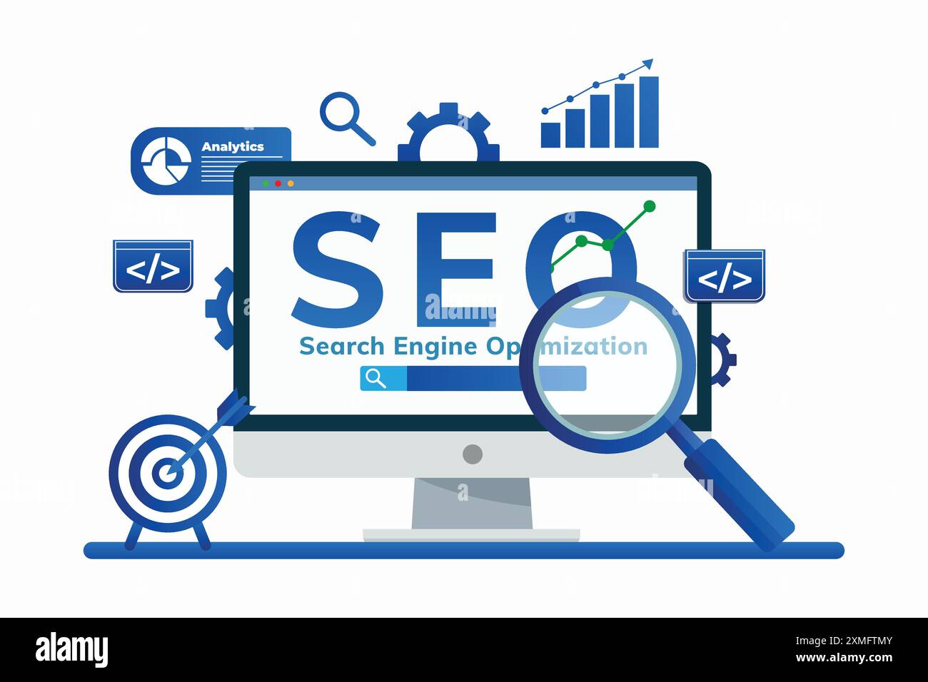 computer monitor displays SEO strategies on the screen with magnifying ...