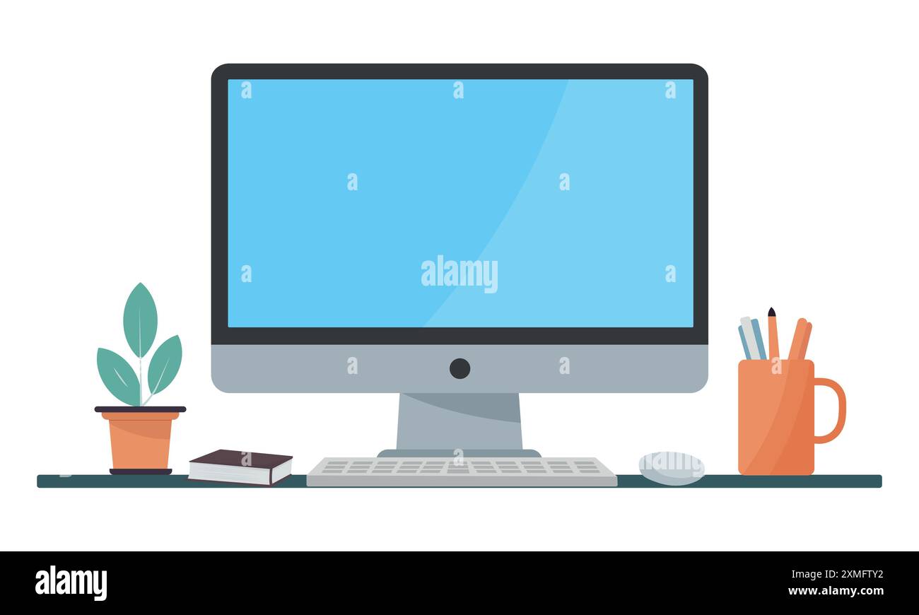 Computer Monitor blank display screen with flower pot and pencil box ...