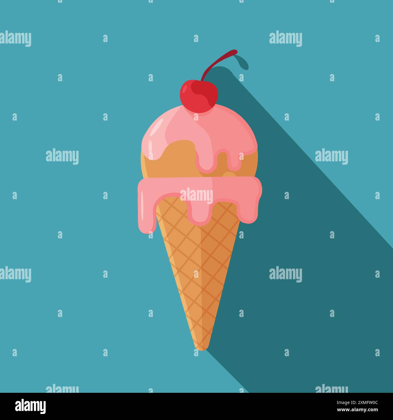 Cone Ice Cream With A Cherry On Top Cream Is Melting Ice Cream Gelato Flat Minimalist Vector