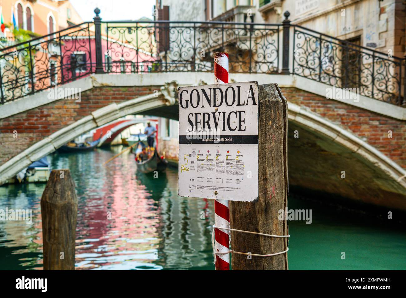 Venice panoramic cityscape with a Gondola Service sign in the ...