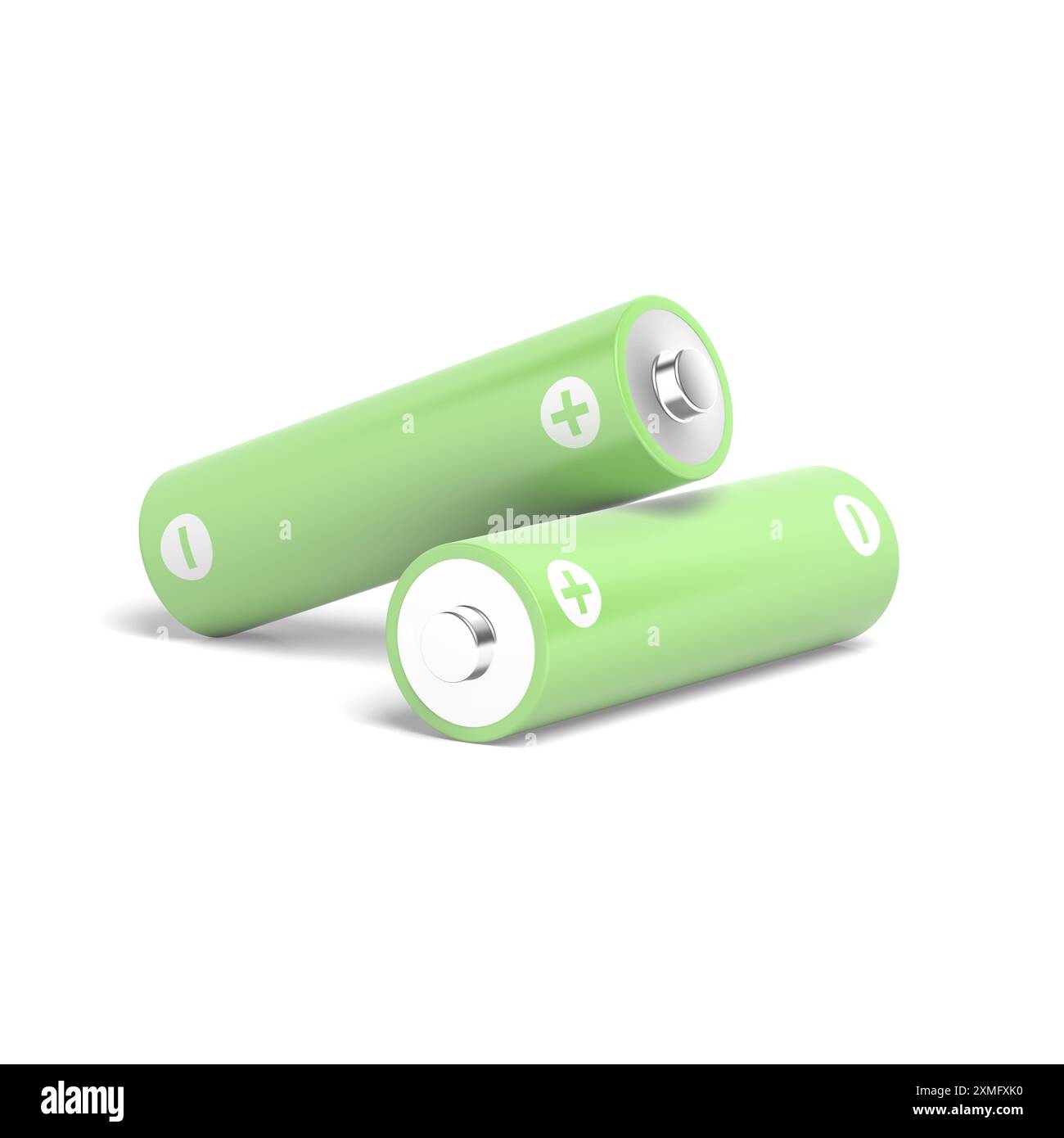 Two AA batteries isolated on white background. Green color. 3d ...