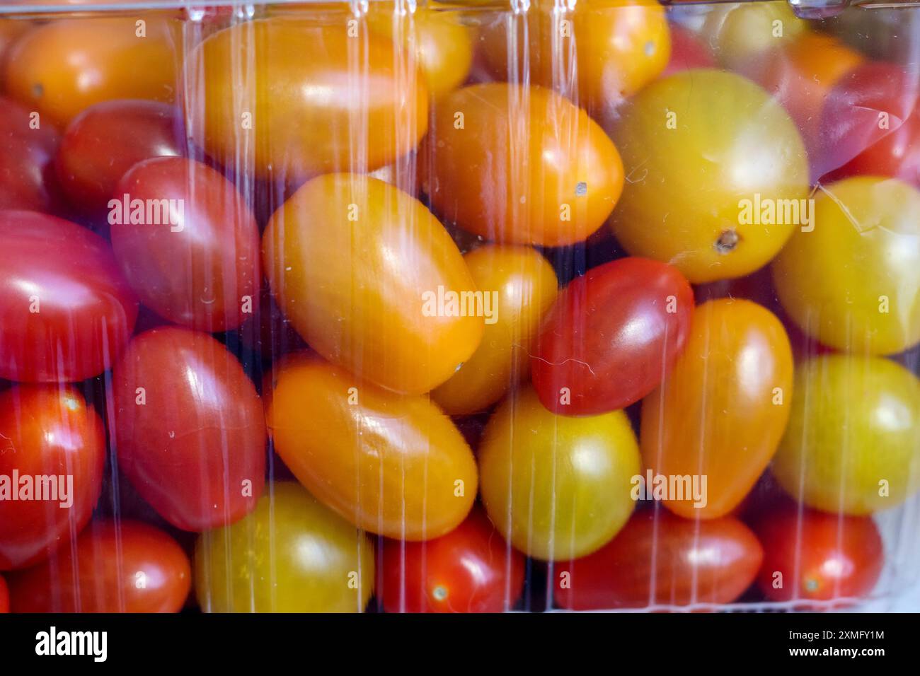 red and yellow tomato balls behind film packaging Stock Photo - Alamy