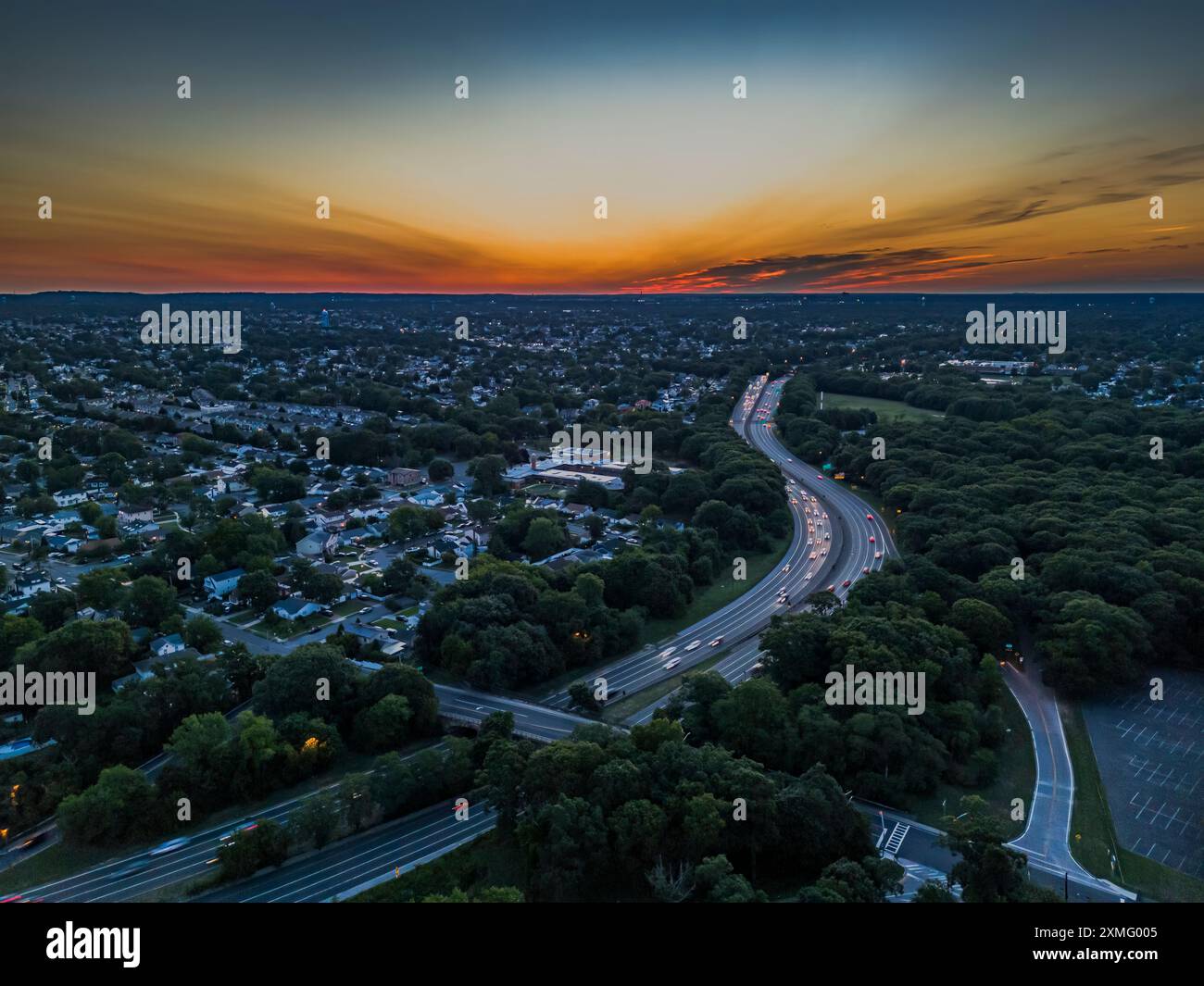 An aerial view of the Southern State Parkway at sunset in Valley Stream ...