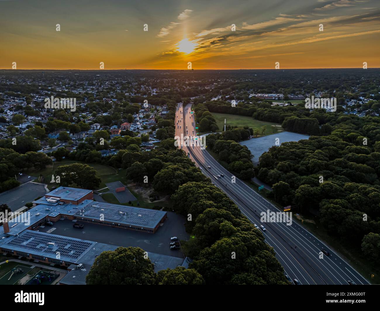 An aerial view of the Southern State Parkway at sunset in Valley Stream ...