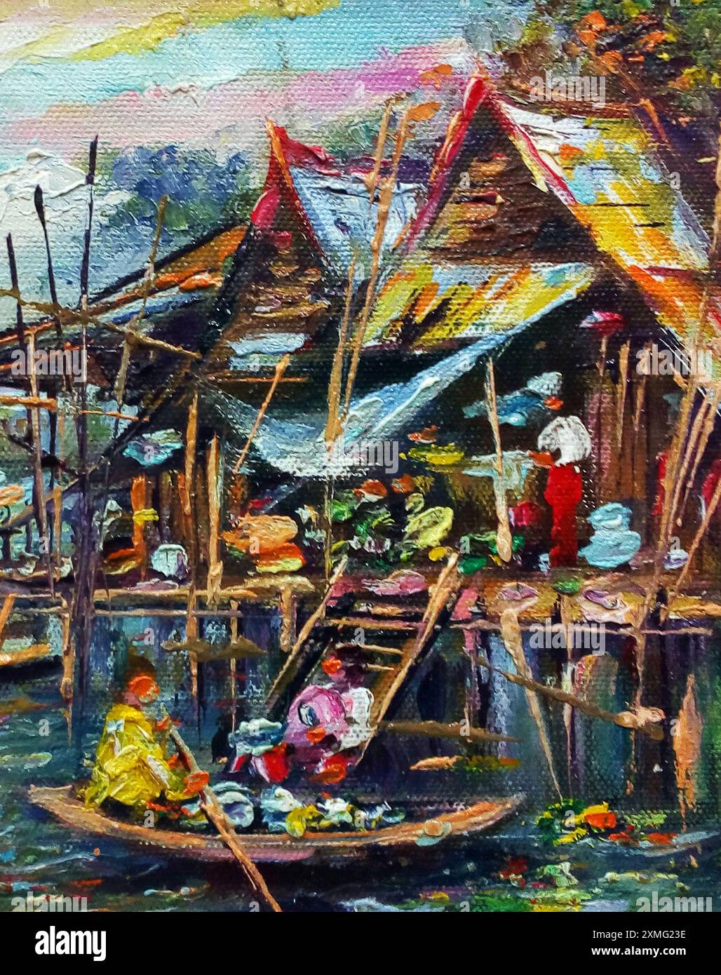 Hand drawn Art painting Oil color Floating market dumnoen saduak from ...