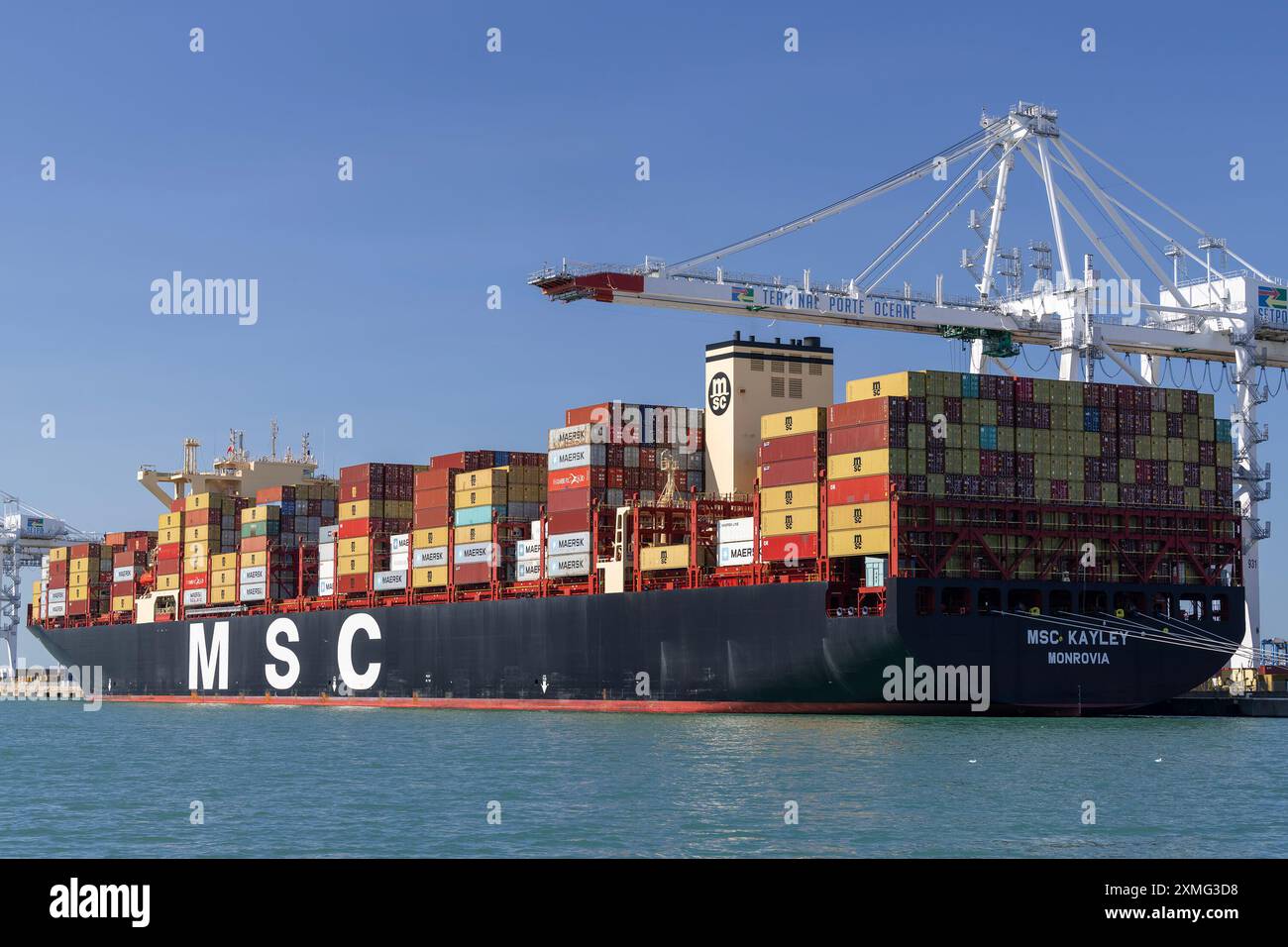Le Havre, France - View on the container ship MSC KAYLEY alongside at port of Le Havre with ship ...