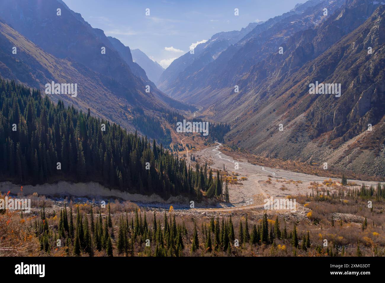 The beautiful mountain valley in Ala-Archa National Park, Kyrgyzstan, with pine trees, river and ...