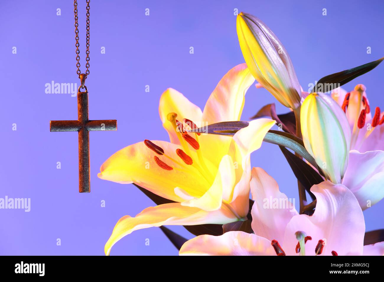 One cross with chain and beautiful lily flowers on purple background ...