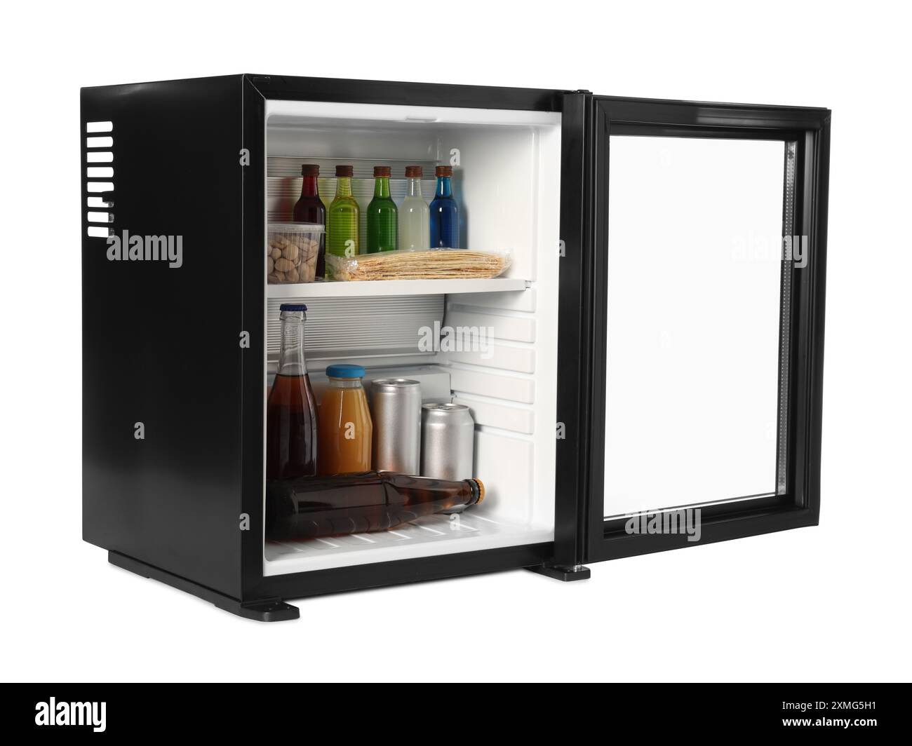 Mini refrigerator with drinks and snacks isolated on white Stock Photo ...