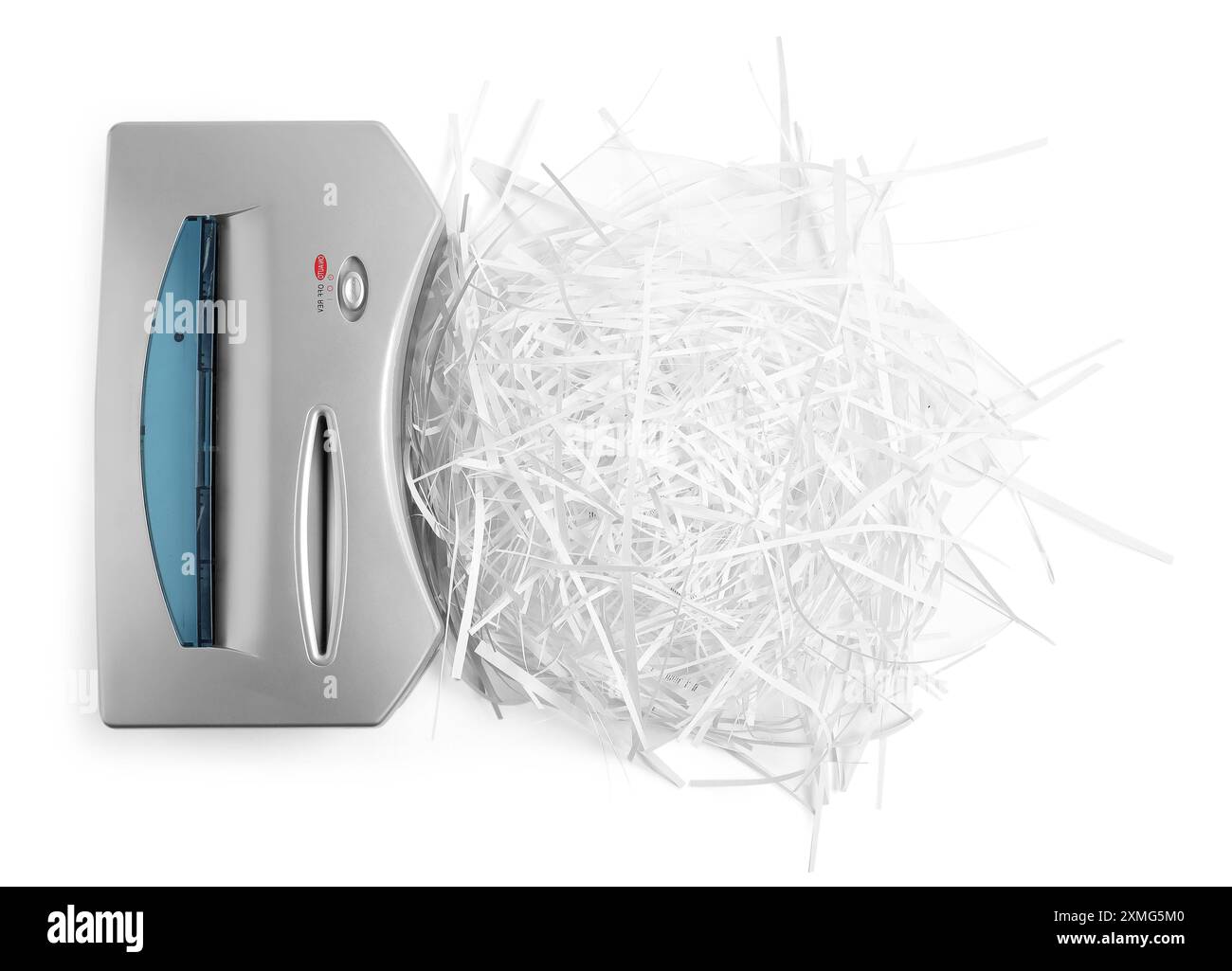 Shredder and paper strips isolated on white, top view Stock Photo - Alamy