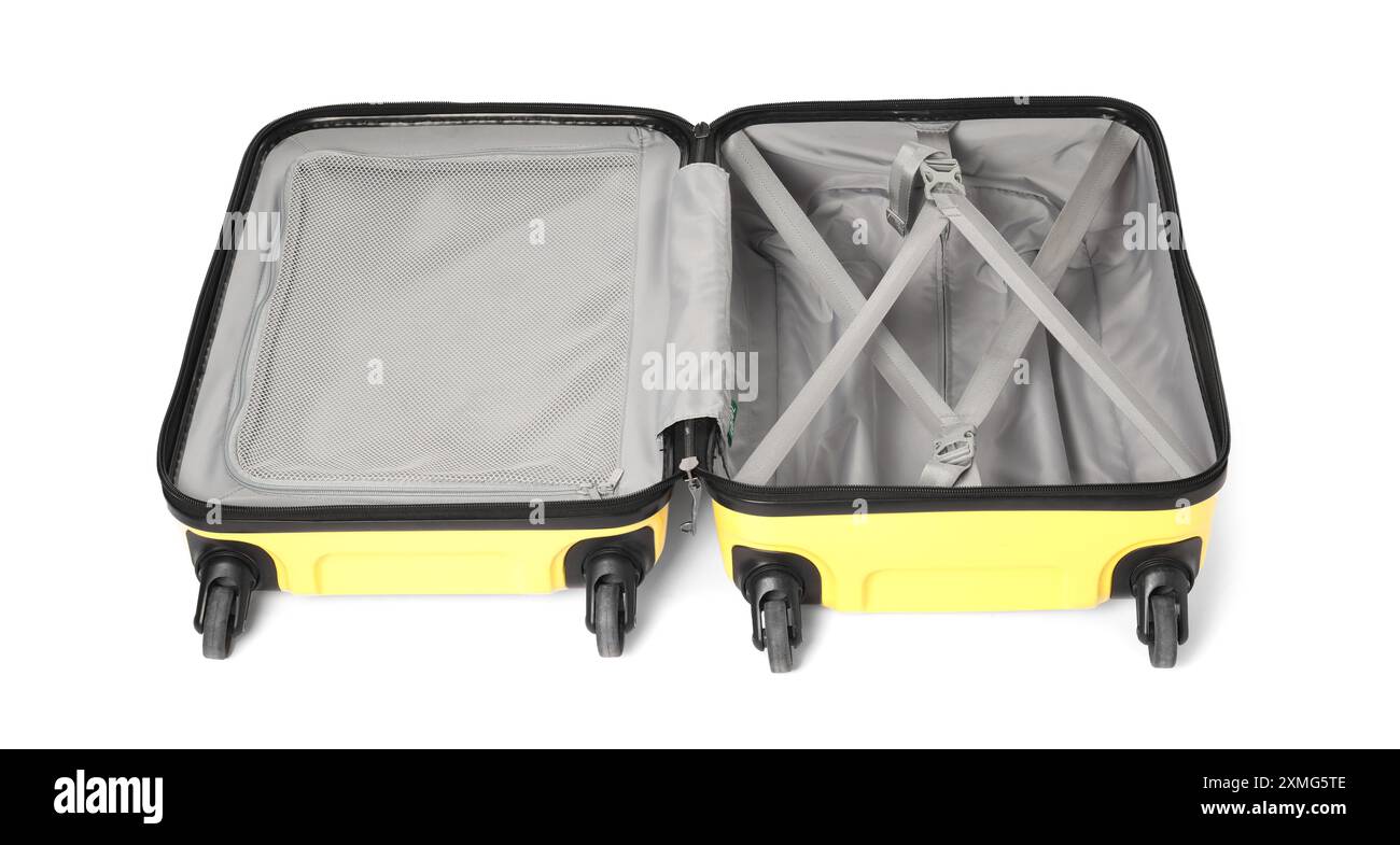 Open empty suitcase for travelling isolated on white Stock Photo - Alamy