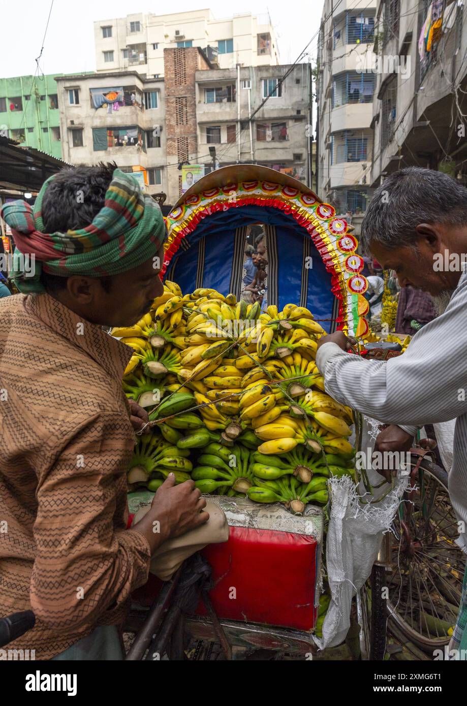 Bangladeshi men loading bananas at Kawran Bazar morning market, Dhaka ...