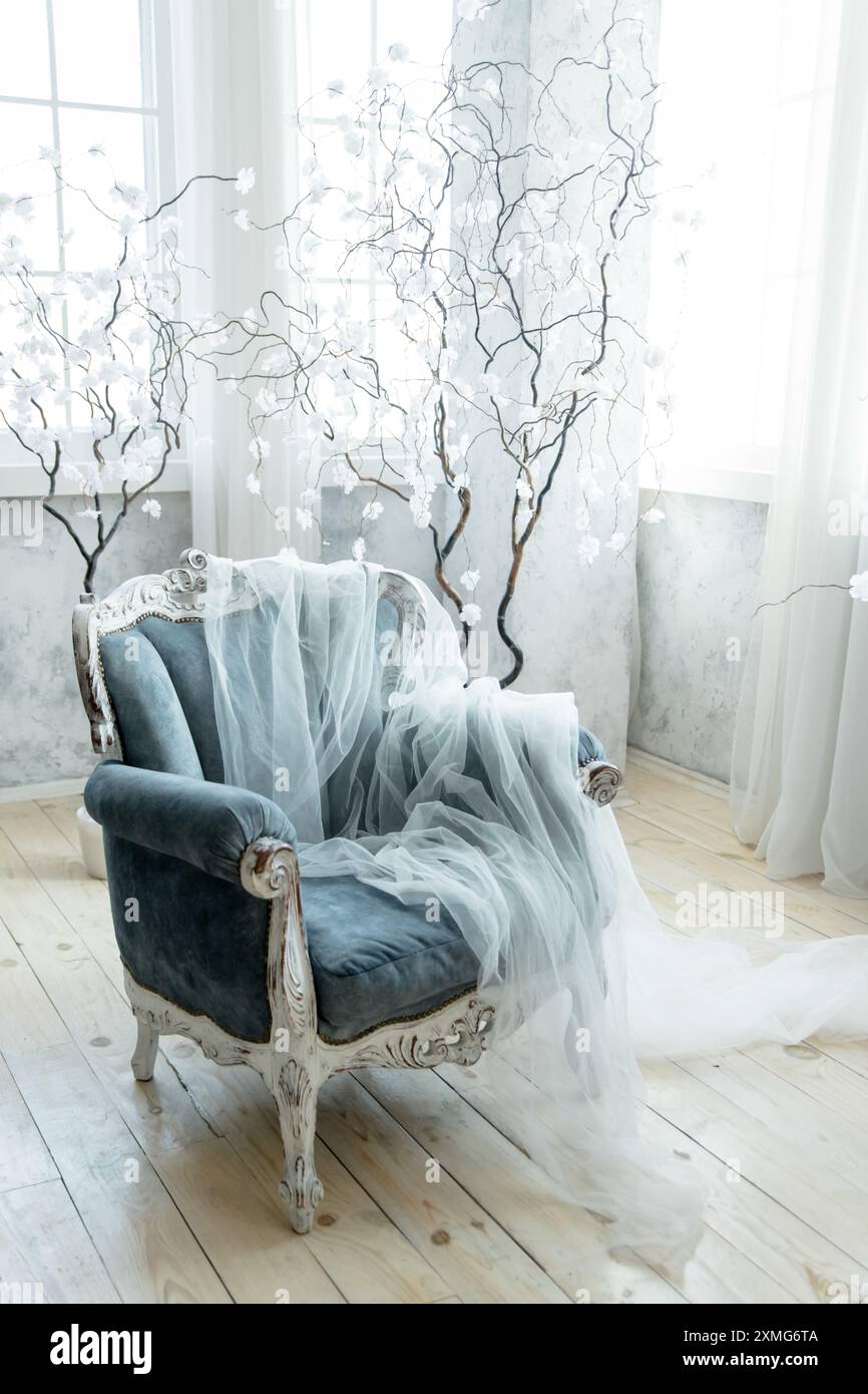Luxurious blue velvet armchair with sheer white drapery, set amidst ...