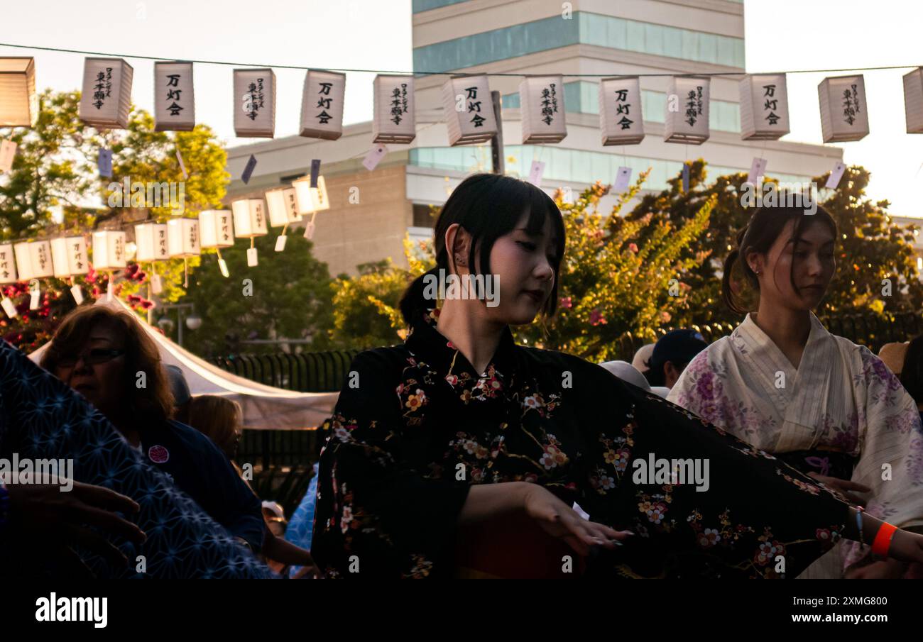 Los Angeles, USA. 27th July, 2024. Young women wearing kimono dancing ...
