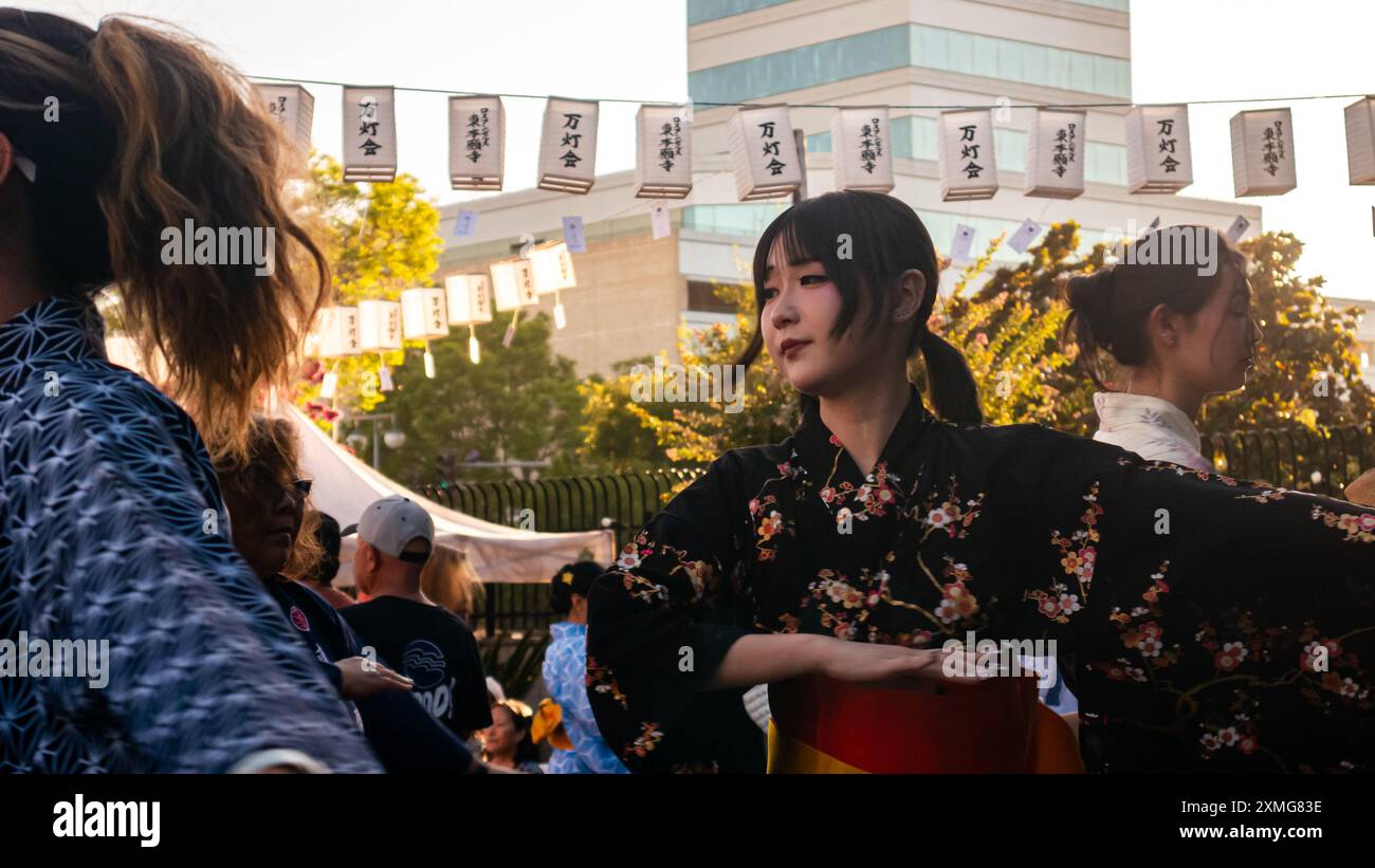 Los Angeles, USA. 27th July, 2024. Young women in kimono dancing Bon ...