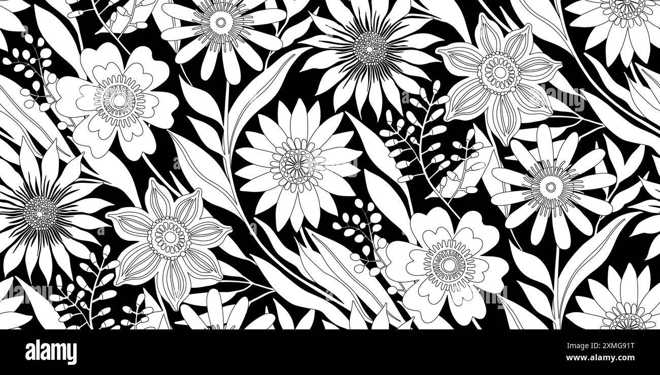 Half drop Floral Seamless Pattern of Fantasy Flower Field - Black thin ...