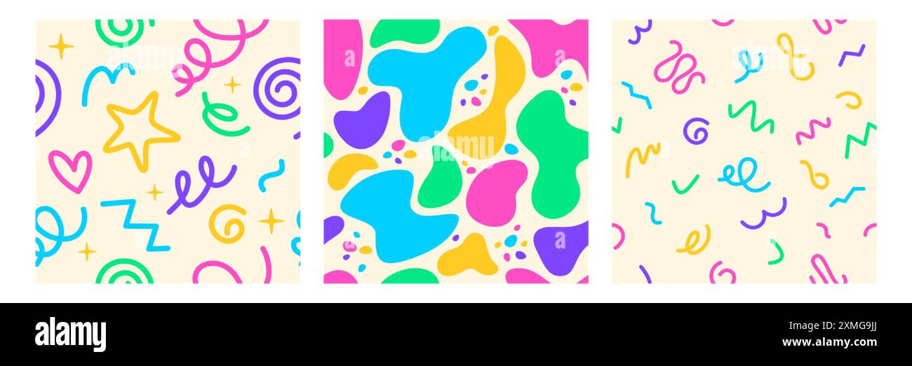 Set of seamless patterns of liquid organic shapes, irregular forms or abstract squiggles in ...