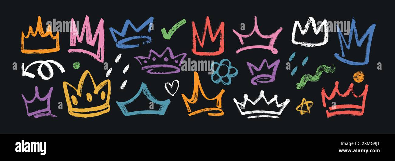 Vector hand drawn crown set isolated on black background. Colorful king ...
