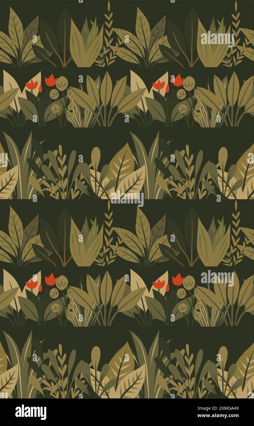 Vector surface design with flat hand drawn plants and flower bushes in ...