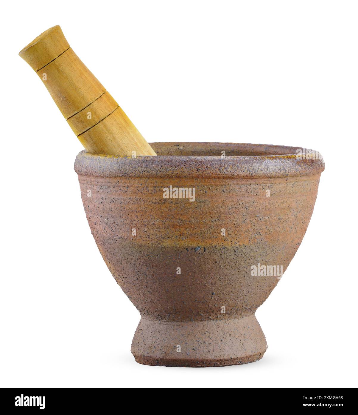 Terracotta mortar and wood isolated on white background. mortar ...