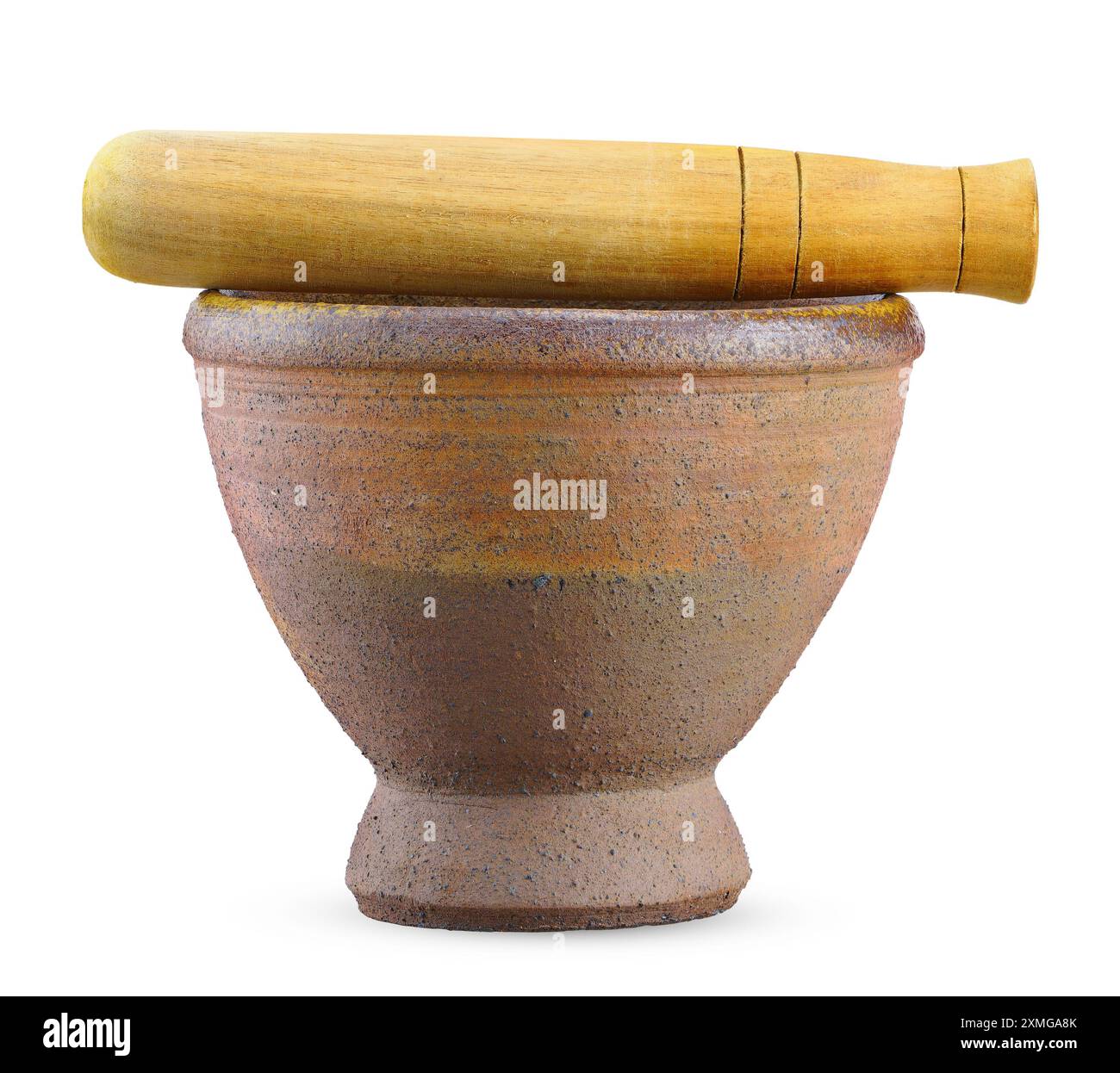 Terracotta mortar and wood isolated on white background. mortar ...