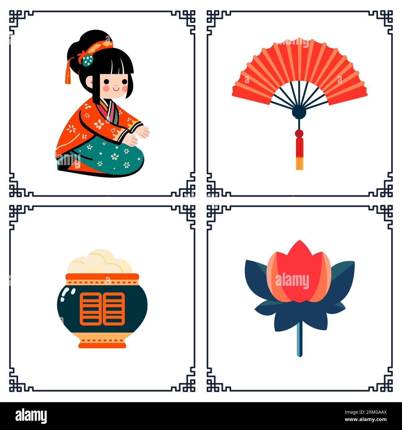 Vector illustration traditional asian symbols. Girl child in ...