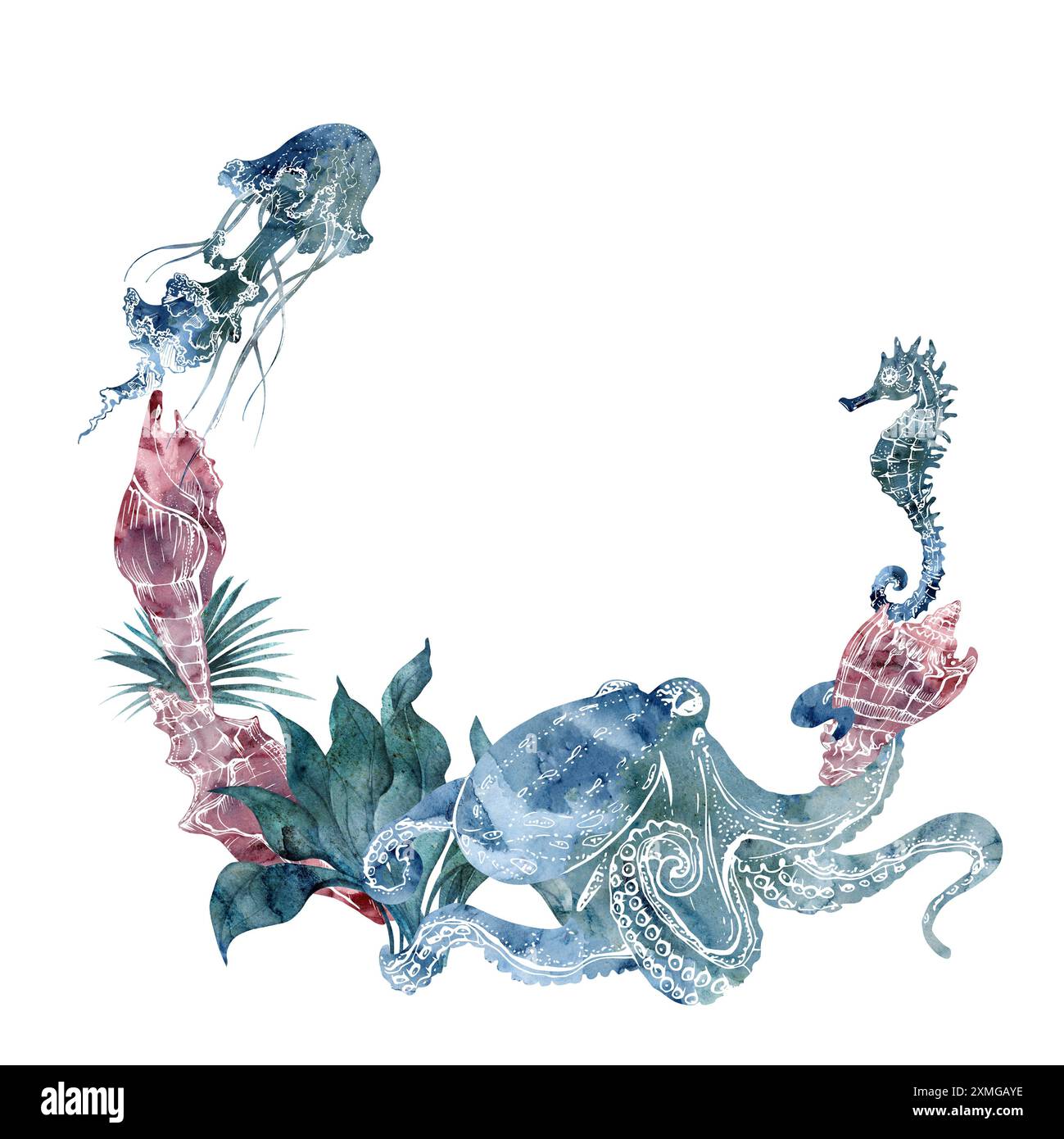 Watercolor and ink hand drawn marine life, sea ocean underwater ...