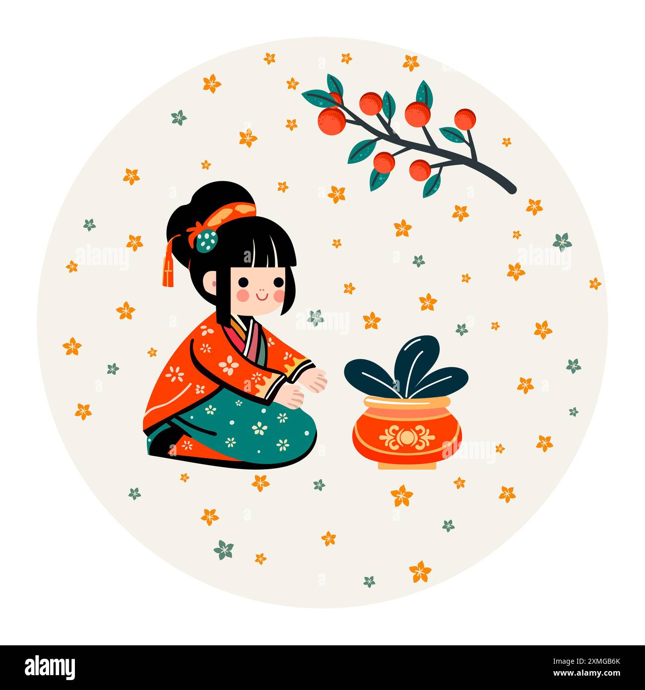 Vector illustration Girl child in traditional asian clothes sitting and ...