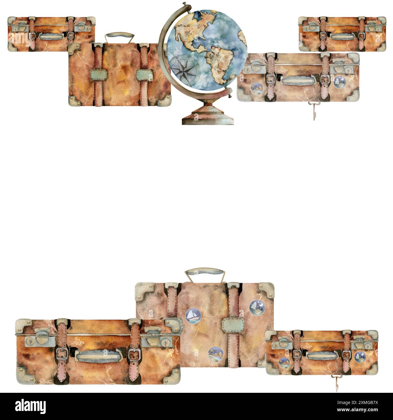 Old retro vintage leather suitcases baggage luggage, globe. Watercolor ...