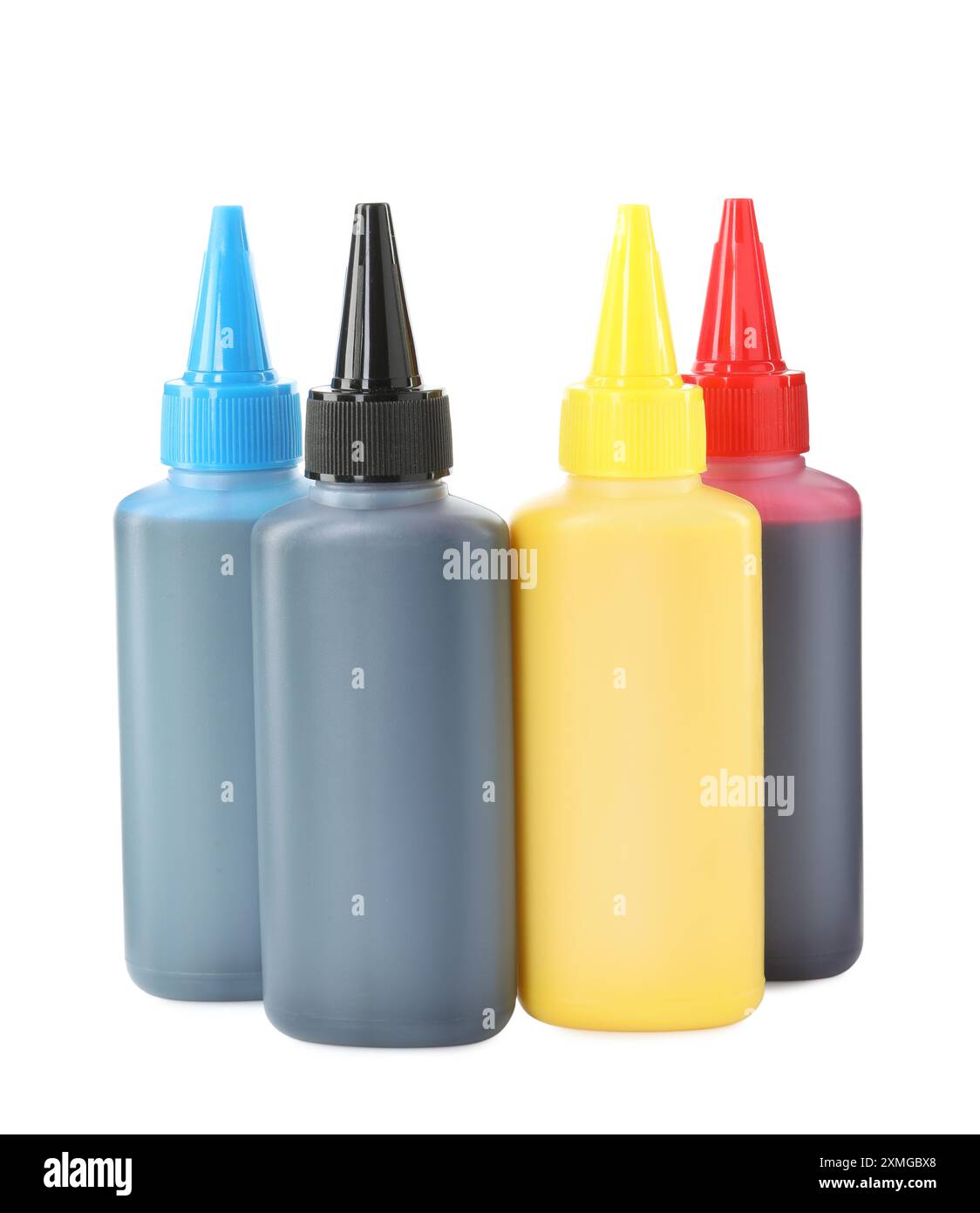 Bottles of different printer ink isolated on white Stock Photo - Alamy