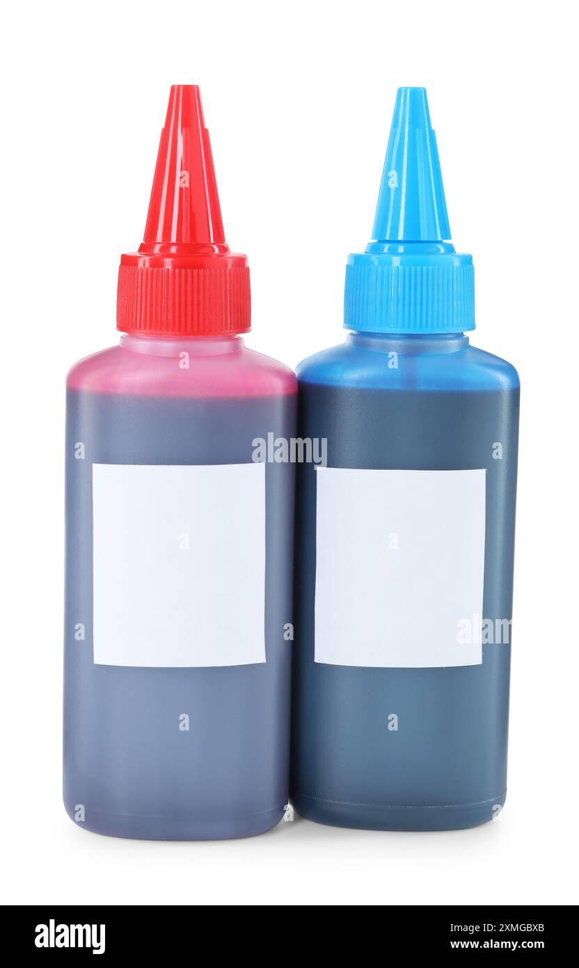 Bottles of different printer ink isolated on white Stock Photo - Alamy