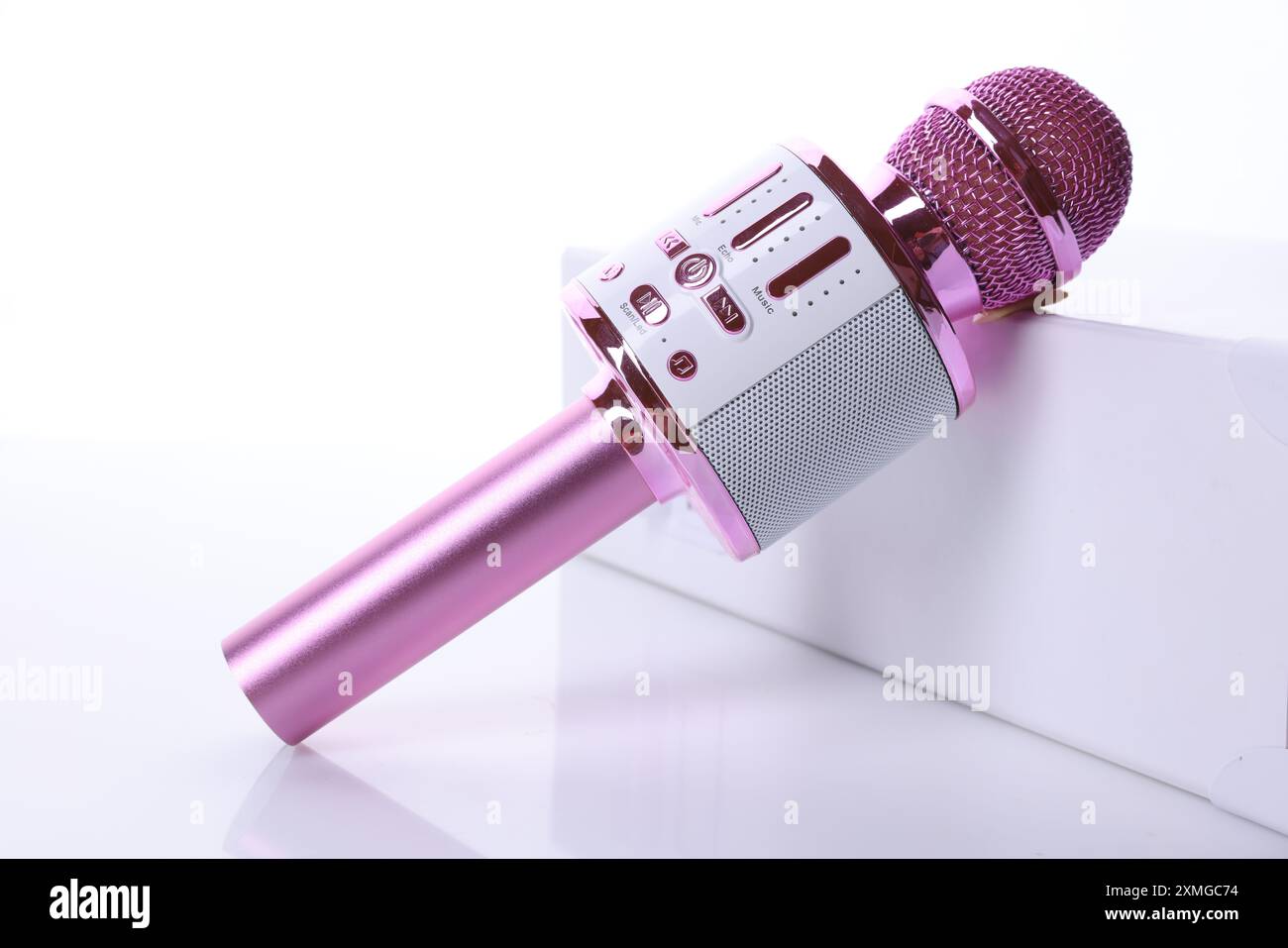 One pink karaoke microphone isolated on white Stock Photo - Alamy