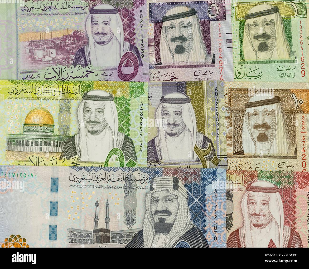 Saudi Arabia banknotes of different denominations, 500, 100,, 50, 20 ...