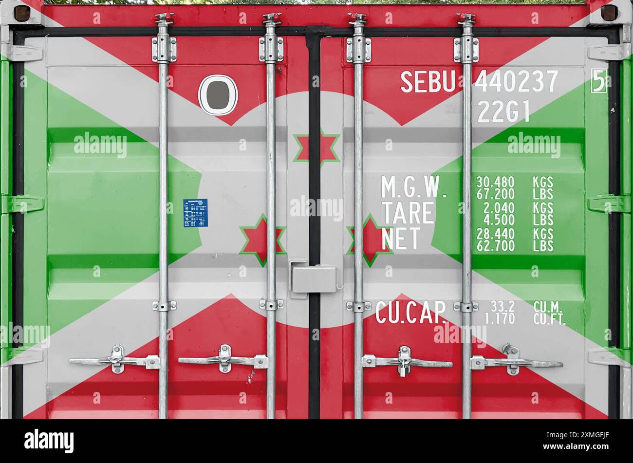 Burundi flag depicted on metal doors of shipping cargo container outdoors in docks area close up ...