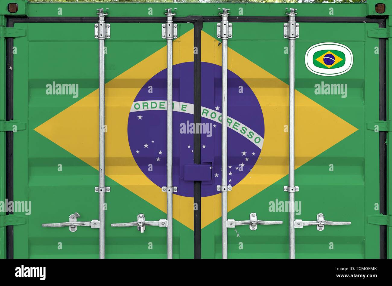 Brazil flag depicted on metal doors of shipping cargo container ...