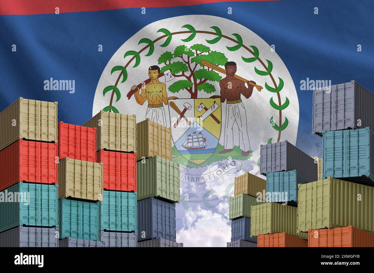 Belize flag and big stack of shipping cargo containers in docks with ...